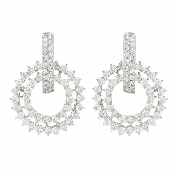 FANTASIA BY DESERIO Double Circle Pave Drop Earrings - White Gold Plated