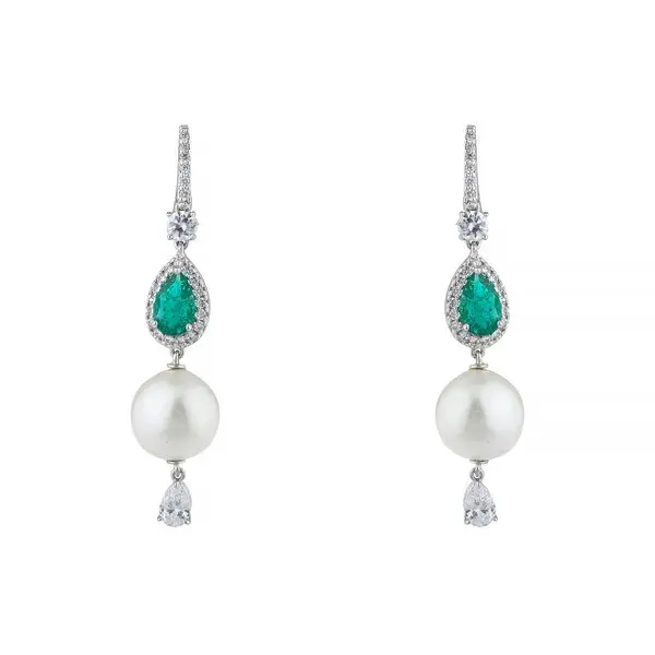 FANTASIA BY DESERIO Drop Earrings With Emerald Cubic Zirconia And Pearl - White Gold Plated