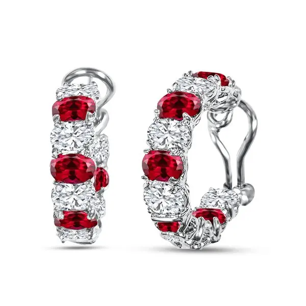 FANTASIA BY DESERIO Ruby And Simulated Diamond Vermeil Hoop Earrings - White Gold Plated