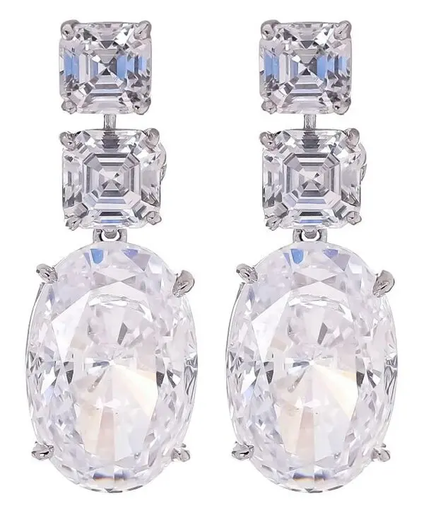 FANTASIA BY DESERIO Double Asscher And Oval Drop Earrings - Yellow Gold Plated