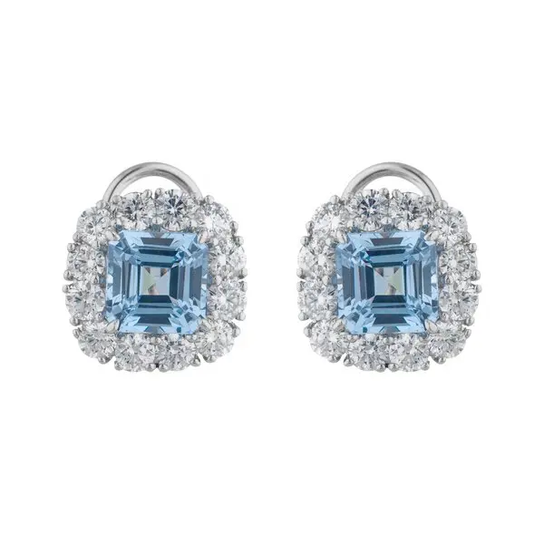 FANTASIA BY DESERIO Aquamarine Asscher Halo Earrings - White Gold Plated