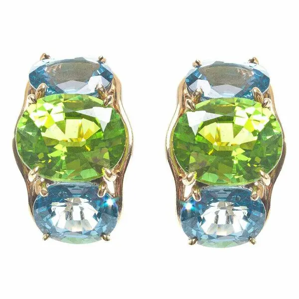 FANTASIA BY DESERIO Alternating Oval Aquamarine And Peridot Earrings - Yellow Gold Plated