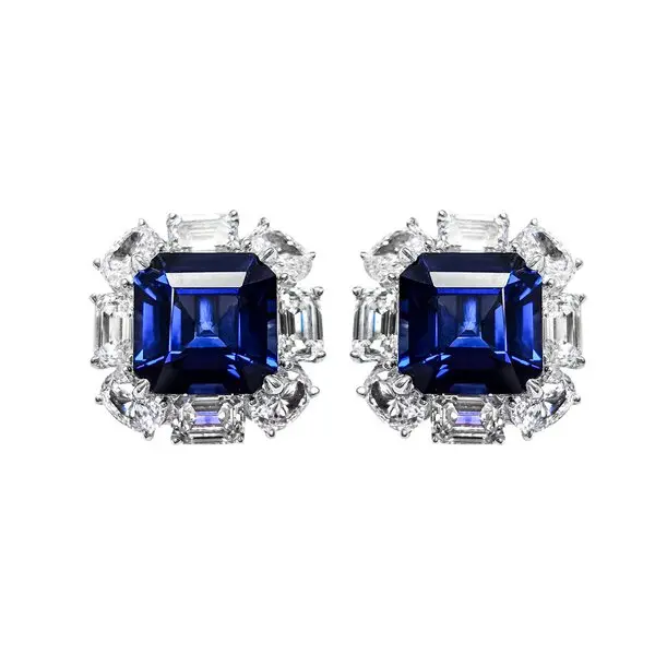 FANTASIA BY DESERIO Sapphire Cushion Cut Earrings - Yellow Gold Plated