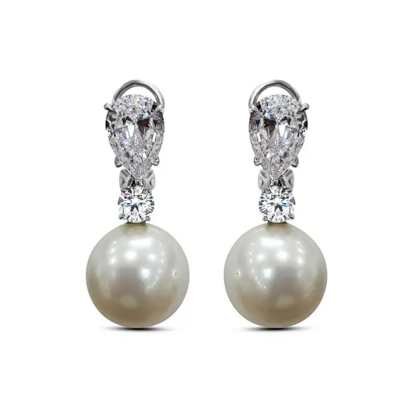 FANTASIA BY DESERIO Pearl Drop Earrings With Simulated Diamonds - White Gold Plated