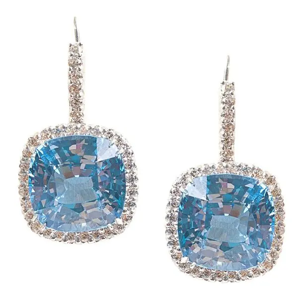 FANTASIA BY DESERIO Aquamarine Cushion Drop Earrings - Yellow Gold Plated