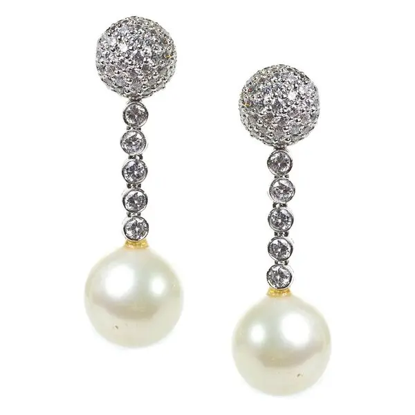 FANTASIA BY DESERIO Pave Ball Earrings With Pearl Drop - White Gold Plated
