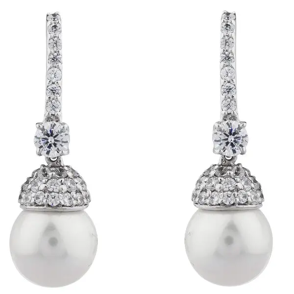 FANTASIA BY DESERIO Pave Cap 10mm Pearl Drop Earrings - Yellow Gold Plated