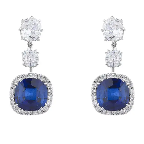 FANTASIA BY DESERIO Double Cushion Sapphire Halo Drop Earrings - White Gold Plated