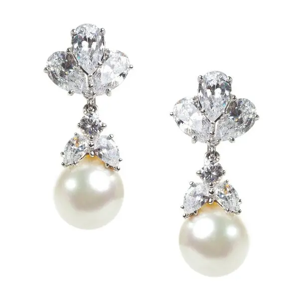 FANTASIA BY DESERIO Pearl And Zirconia Drop Earrings - White Gold Plated