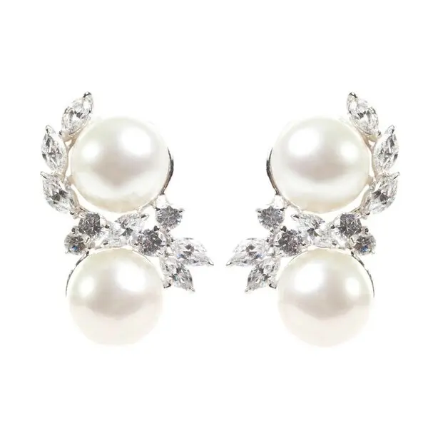FANTASIA BY DESERIO Double Pearl Stud Earrings - White Gold Plated