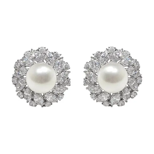 FANTASIA BY DESERIO Pearl Halo Button Earrings - Yellow Gold Plated