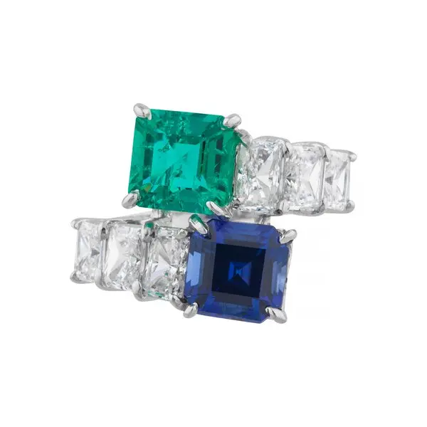 FANTASIA BY DESERIO Emerald & Sapphire Bypass Ring - White Gold