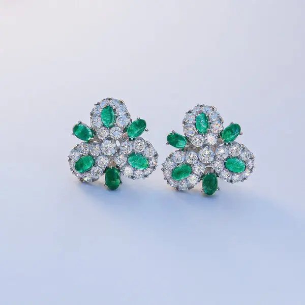 FANTASIA BY DESERIO Cluster Earring With Emerald Cabochons - White Gold Plated