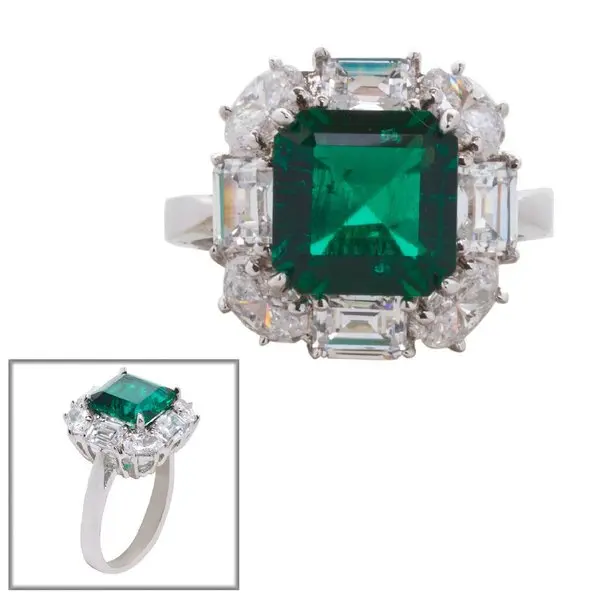 FANTASIA BY DESERIO Emerald Ring With Oval And Baguette Halo - White Gold