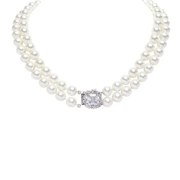FANTASIA BY DESERIO Double Strand Pearl Necklace With Halo Clasp - White Gold Plated