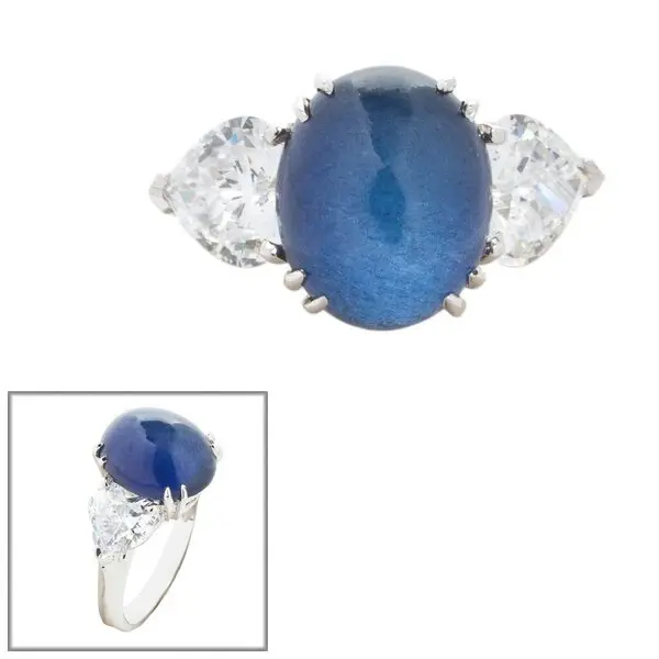 FANTASIA BY DESERIO Sapphire Cabochon Ring With Heart Side Stones - White Gold