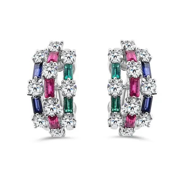 FANTASIA BY DESERIO Three Row Baguette And Round Earrings - White Gold Plated