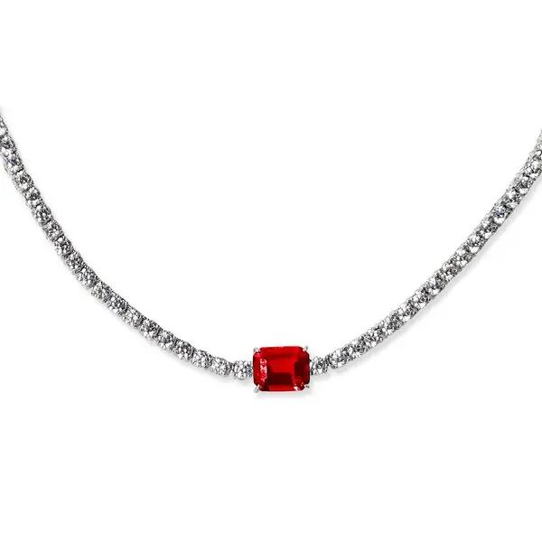 FANTASIA BY DESERIO Four Prong Tennis Necklace With 2.5ct Lab Ruby Emerald Cut - Yellow Gold Plated