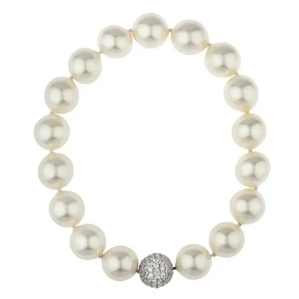 FANTASIA BY DESERIO 22mm Pearl Necklace With Pave Ball Clasp - White Gold Plated