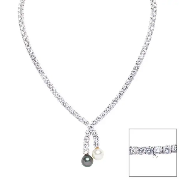 FANTASIA BY DESERIO Double Pearl Drop Lariat Necklace With Cubic Zirconia - Yellow Gold Plated