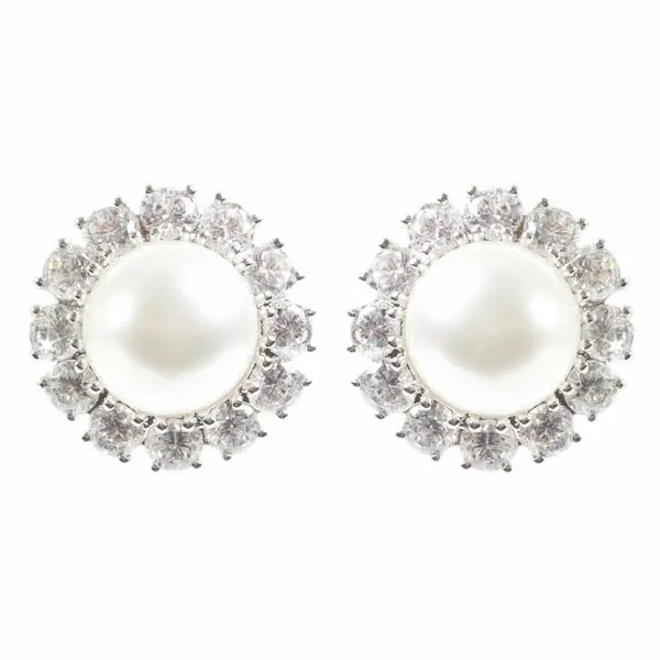 FANTASIA BY DESERIO Stud Earring With Pearl Center - White Gold Plated