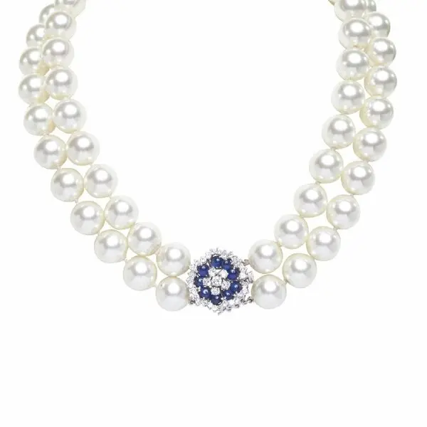 FANTASIA BY DESERIO Double Strand Pearl Necklace With Sapphire And Zirconia Clasp - Yellow Gold Plated