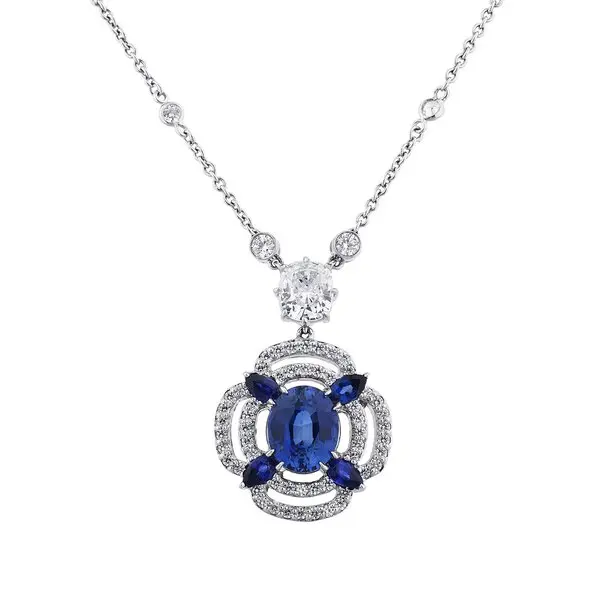 FANTASIA BY DESERIO Sapphire Oval Micropave Pendant - White Gold Plated