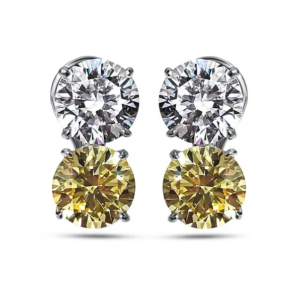 FANTASIA BY DESERIO Canary And Clear Double Stud Earrings - White Gold Plated