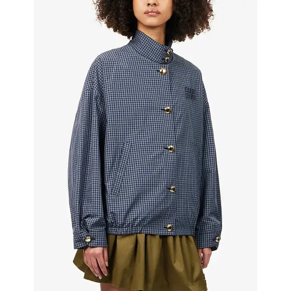 Miu Miu Brand-appliqué Checked Cotton Jacket - Bleu