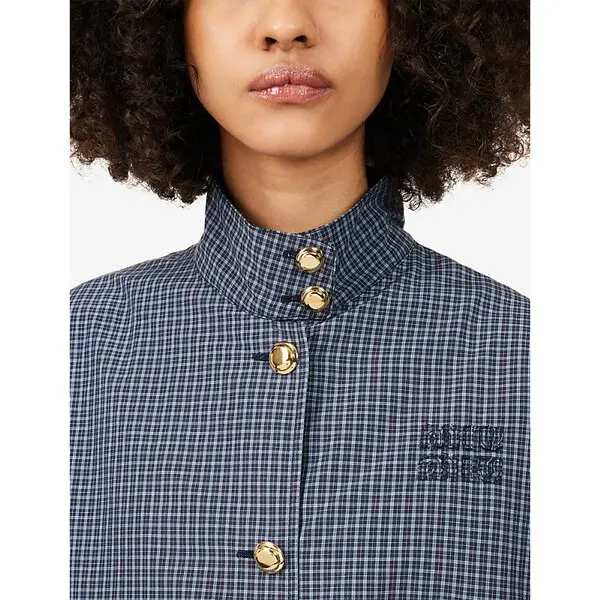 Miu Miu Brand-appliqué Checked Cotton Jacket - Bleu
