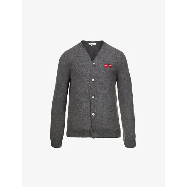 Play Comme Des Garcon Logo-embroidered V-neck Wool Cardigan - Grey