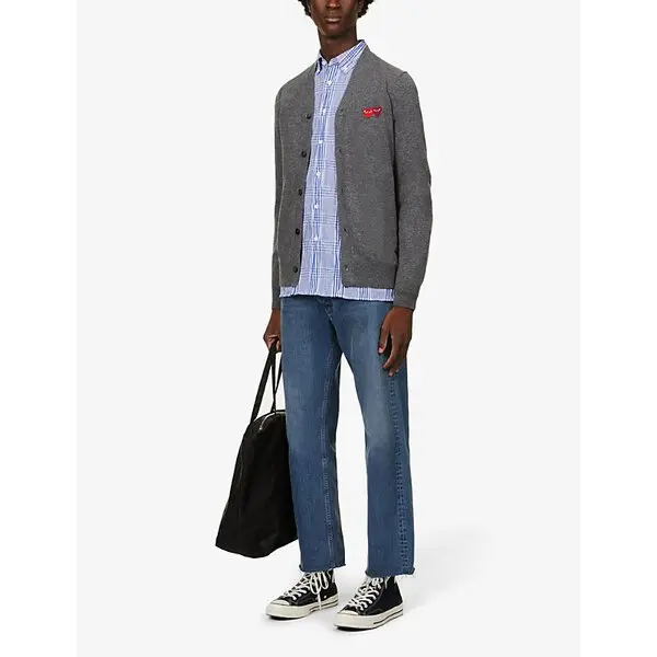 Play Comme Des Garcon Logo-embroidered V-neck Wool Cardigan - Grey