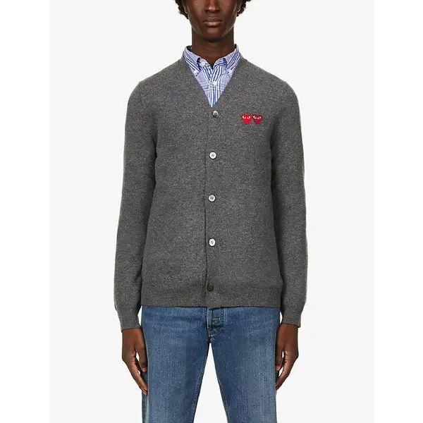Play Comme Des Garcon Logo-embroidered V-neck Wool Cardigan - Grey