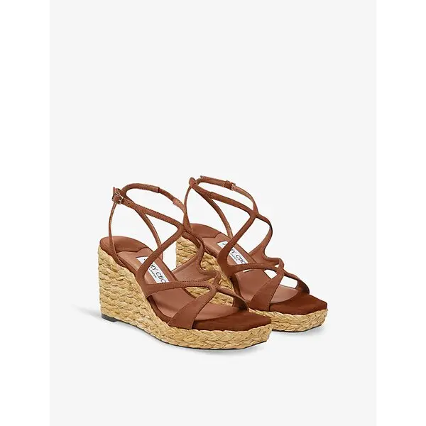 JIMMY CHOO Ayla 85 Suede And Raffia Wedge Sandals
