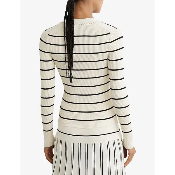 REISS Lauralee Striped Ribbed Knit V-neck Top