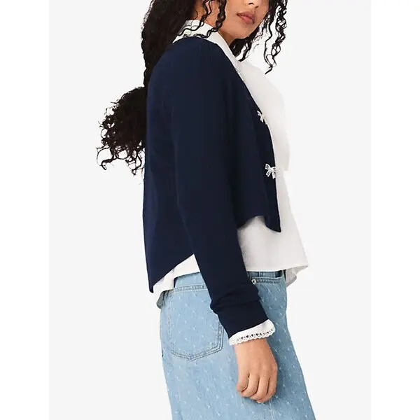 Maje Wool Cardigan With Bow Embellished Buttons - Navy