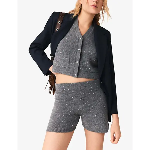 Maje Rhinestone-embellished Knitted Wool-blend Shorts
