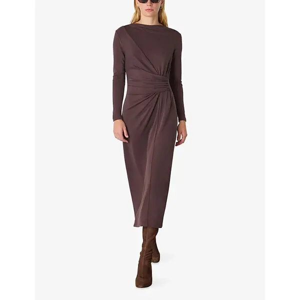 Whistles Ruched Long-sleeve Woven Midi Dress