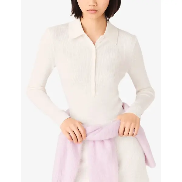 Maje Polo-collar Ribbed Wool And Silk Jumper - Ecru