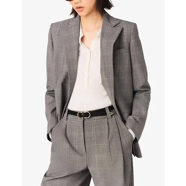 Maje Checked Stretch Wool-blend Blazer - Grey
