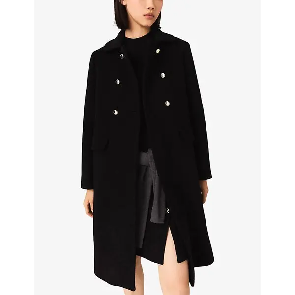 Maje Long Double-breasted Wool-blend Coat - Black
