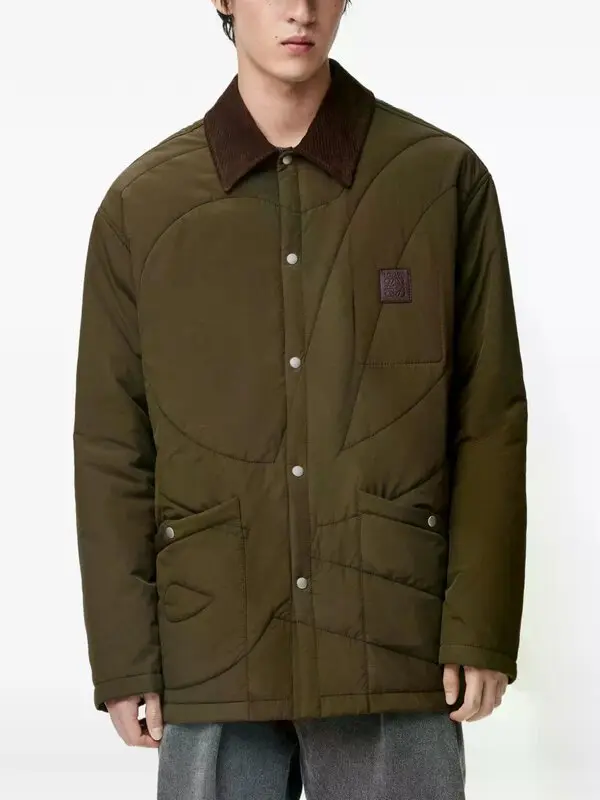 Loewe Quilted Coat With Corduroy Collar And Logo Patch - Green