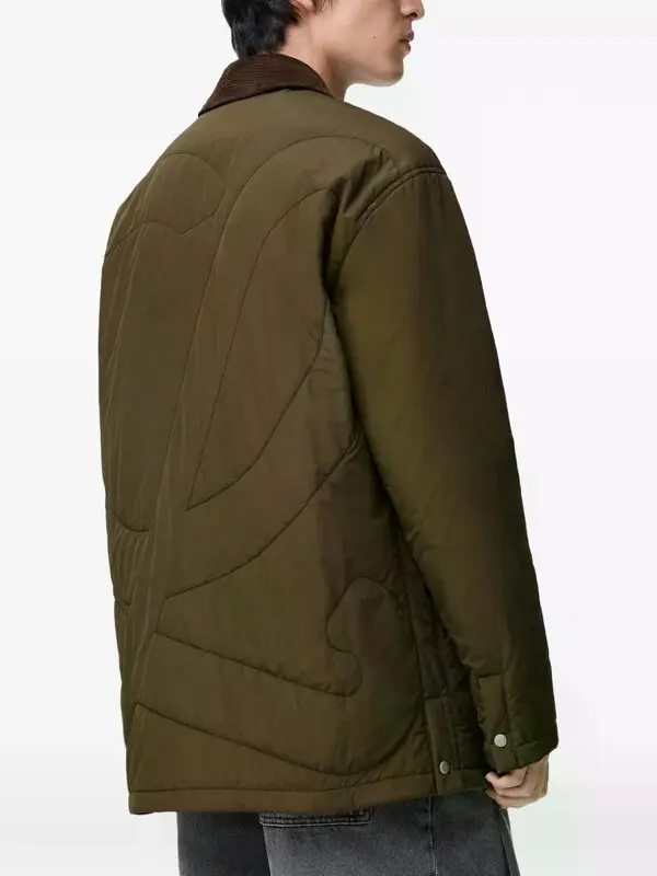 Loewe Quilted Coat With Corduroy Collar And Logo Patch - Green