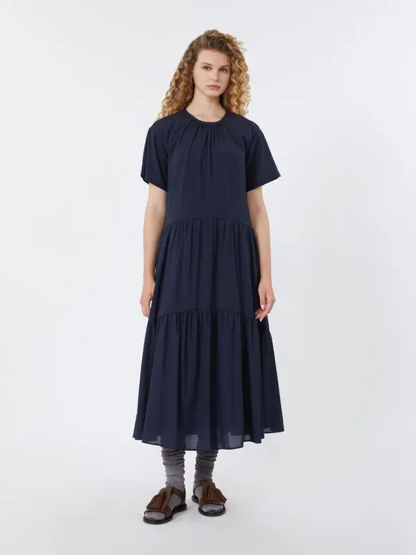 Max Mara Technical Cotton Canvas Flounced Skirt Dress - Navy