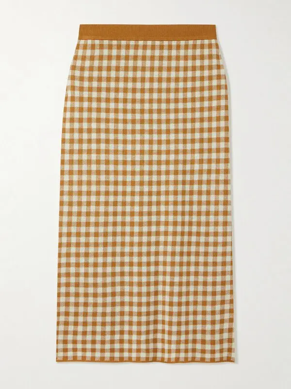 Guest In Residence Gingham Silk And Linen-blend Jacquard Midi Skirt - Brown