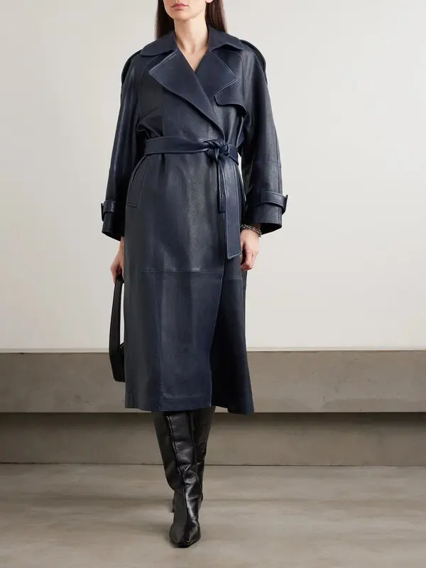 Nour Hammour Claudia Belted Textured-leather Trench Coat - Blue