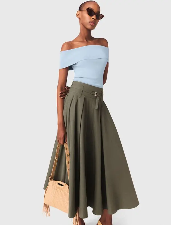 Maje Pleated Maxi Skirt With Buckled Belt