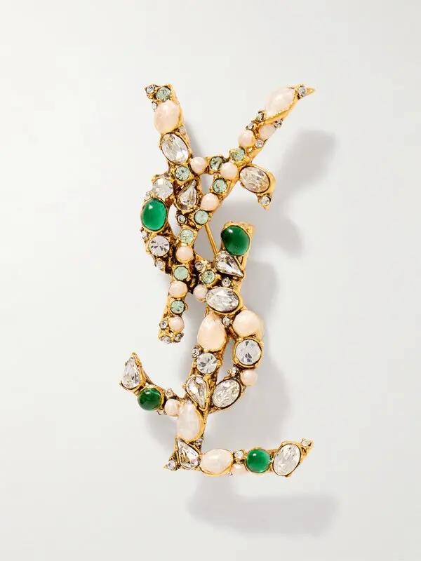 Saint Laurent Cassandre Embellished Brooch - Gold