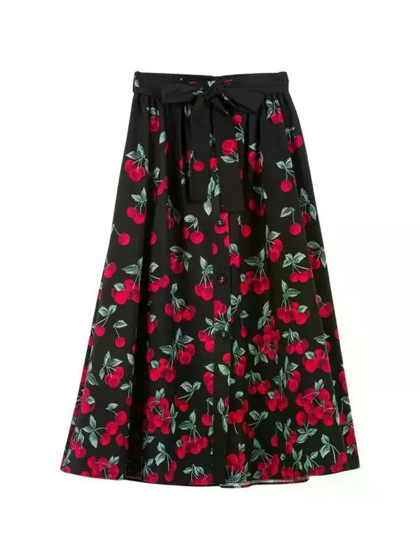 TWINSET Tie-waist Cherry Midi Skirt - Black
