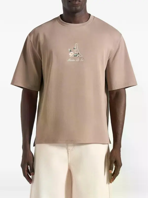 Manière De Voir Maniere De Voir Taupe Cotton T-shirt With Embroidered Eiffel Tower And Floral Motifs - Neutrals